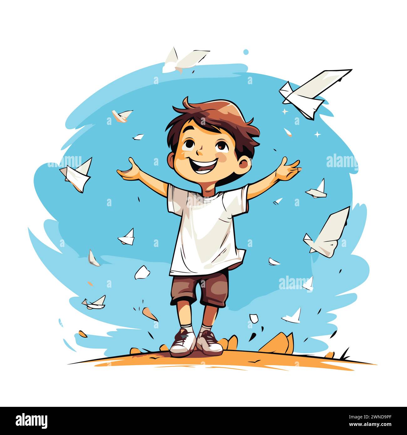 Happy boy playing with paper planes. Vector illustration isolated on ...