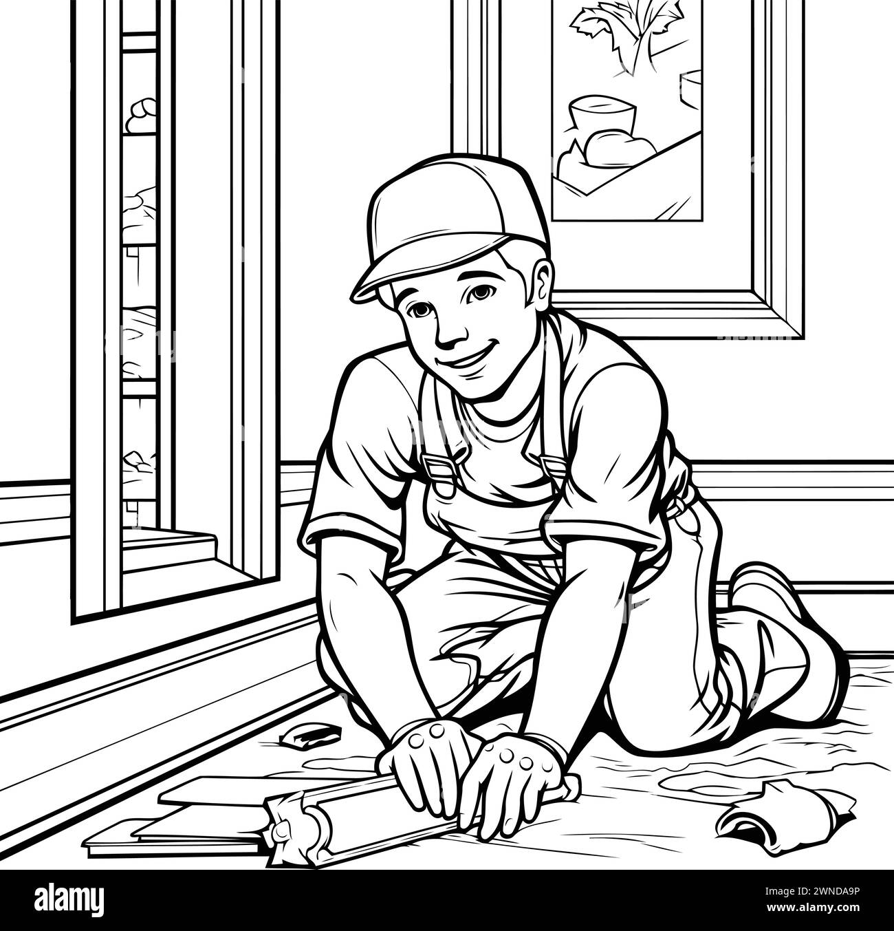 Worker polishing the window. Black and white vector illustration Stock ...