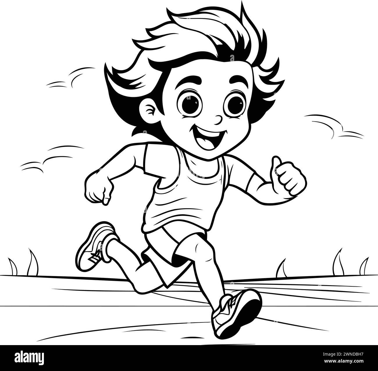 Boy Running - Black and White Cartoon Illustration. Line Art Style ...