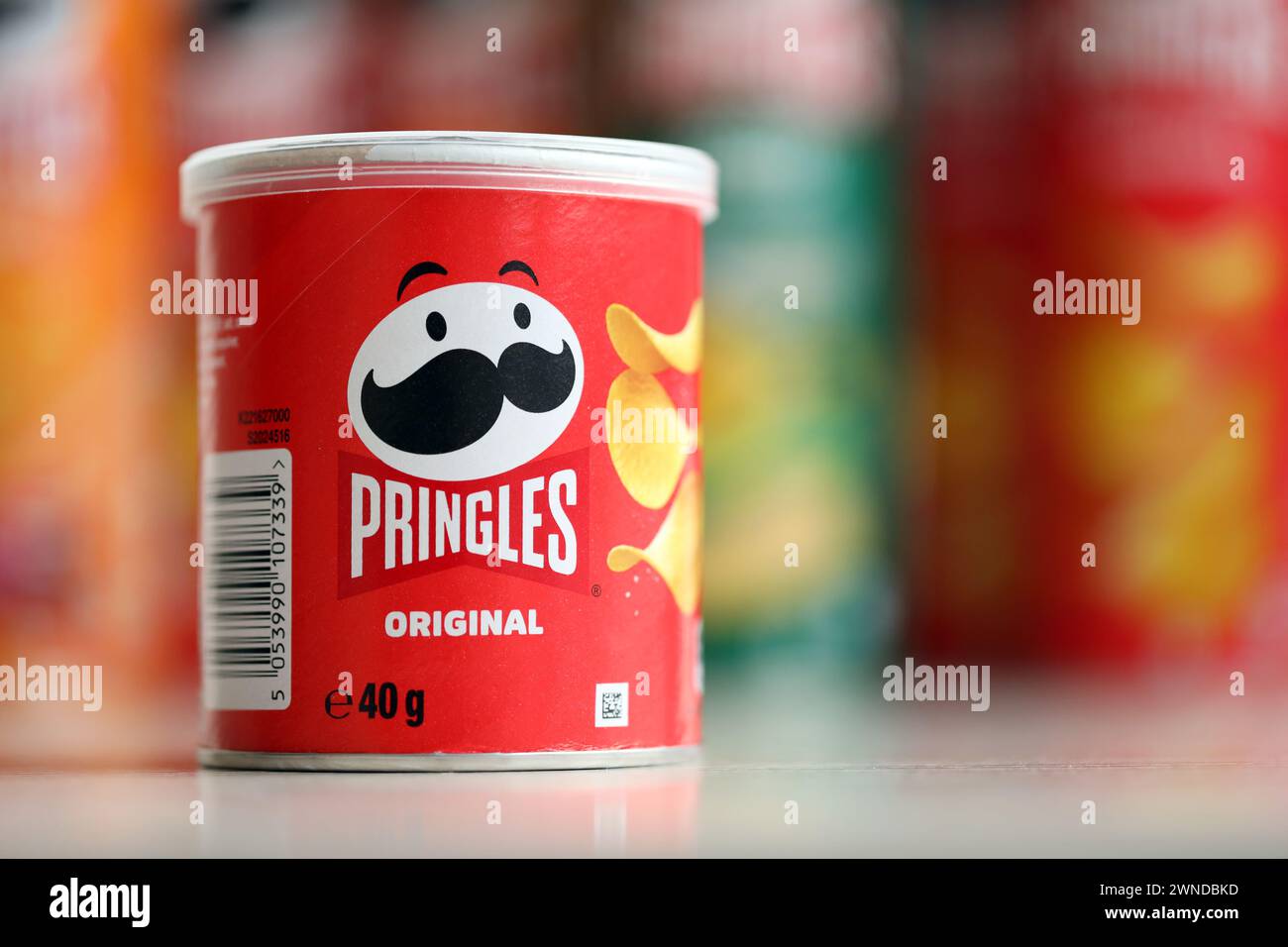 KYIV, UKRAINE - FEBRUARY 27, 2024 Pringles original potato chips on ...