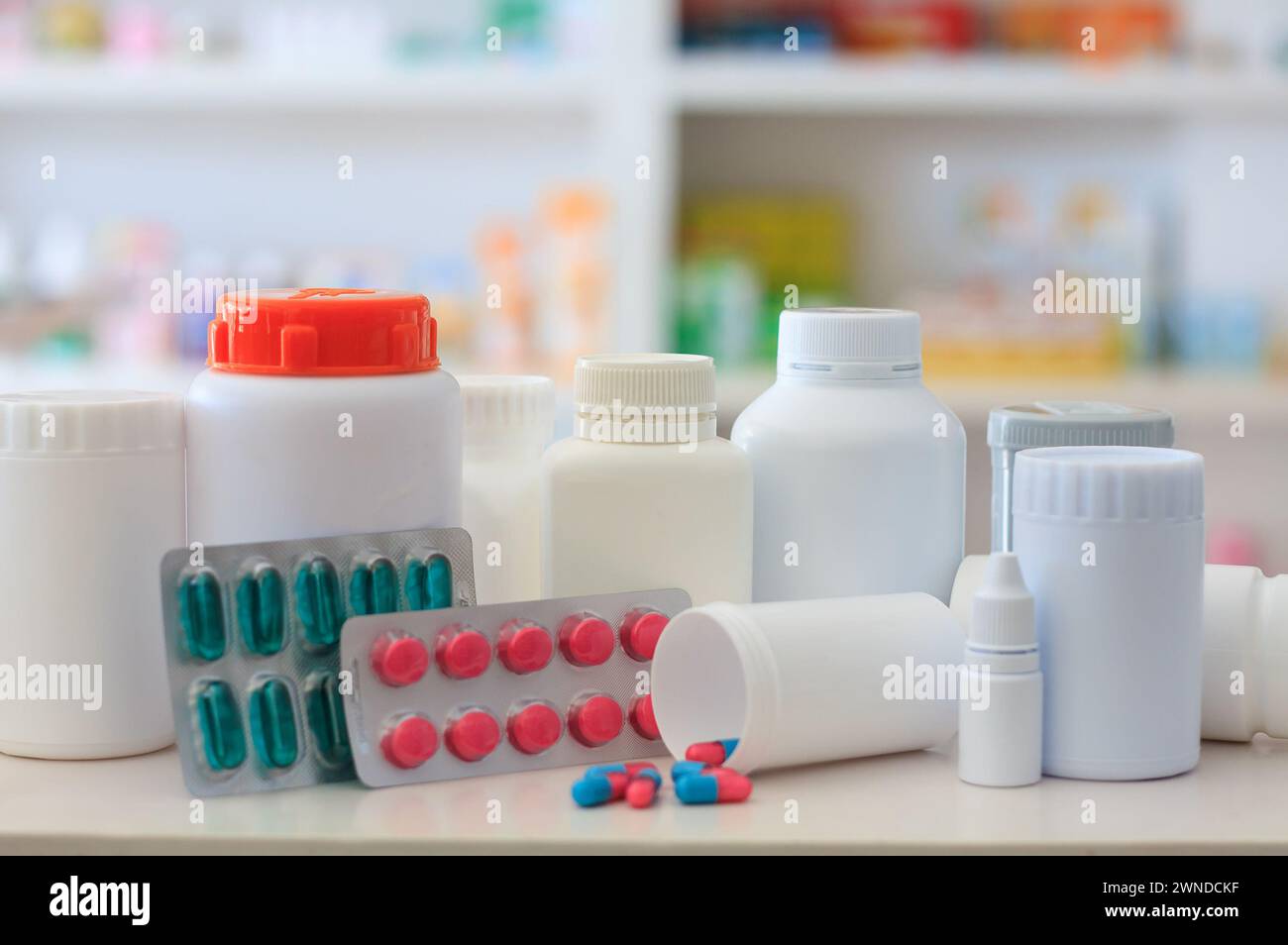 Composition of medicine bottles and pills with pharmacy store shelves ...