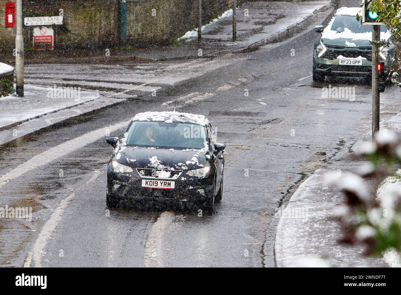 Chippenham, Wiltshire, UK. 2nd March, 2024. Drivers are pictured in Chippenham as the first snow ...