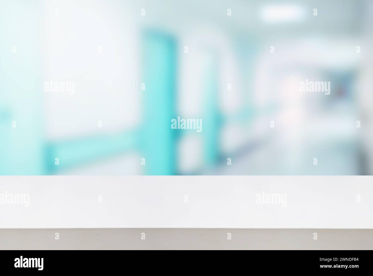 medical counter with hospital interior corridor blurred background ...