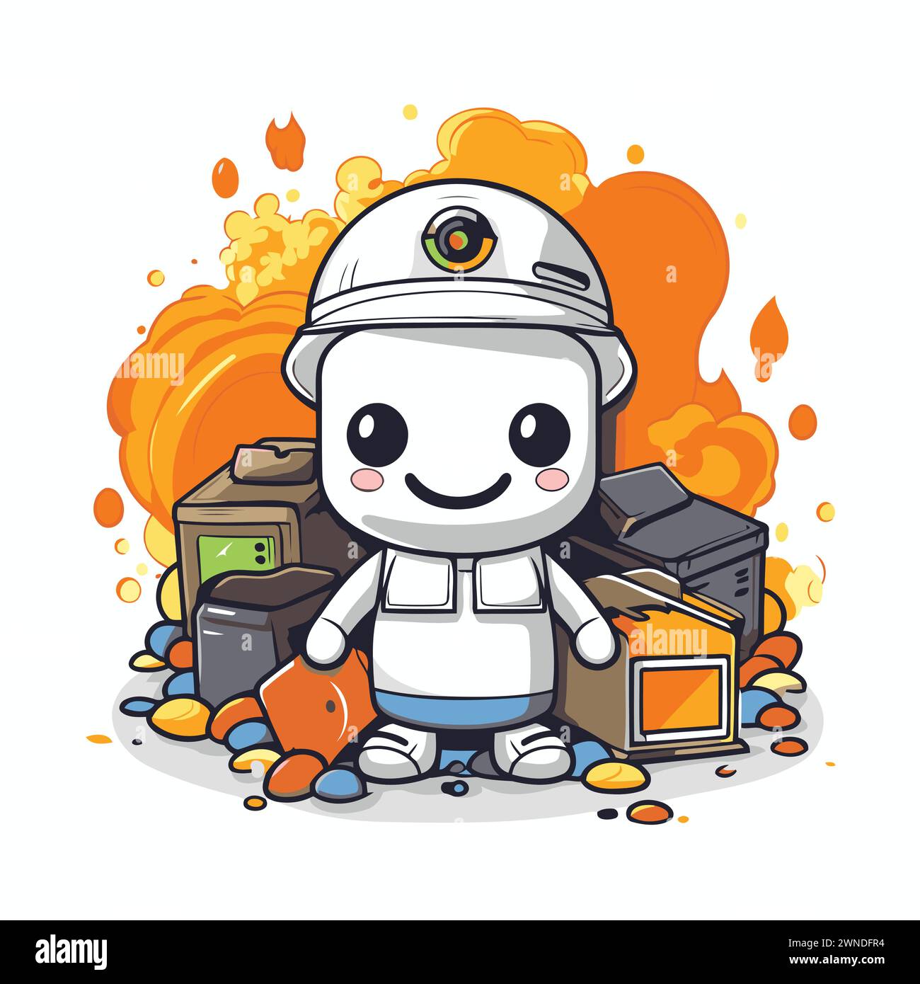 Cute cartoon robot with pile of waste. Vector illustration on white ...