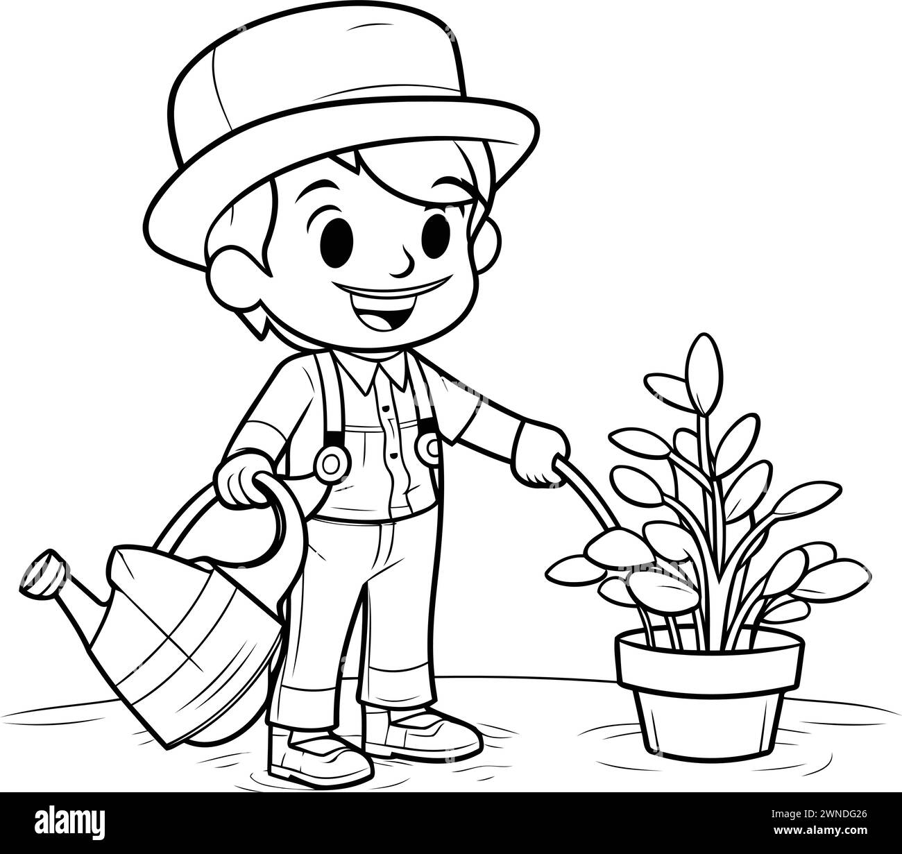 Outline illustration of a boy watering a potted plant on a white ...