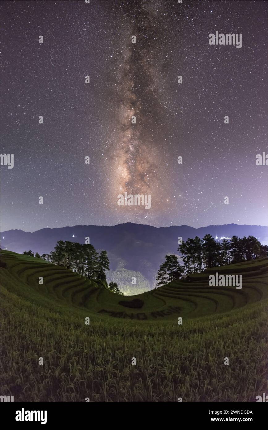Night with Milky Way rice fields on terraced of Mu Cang Chai, Vietnam ...