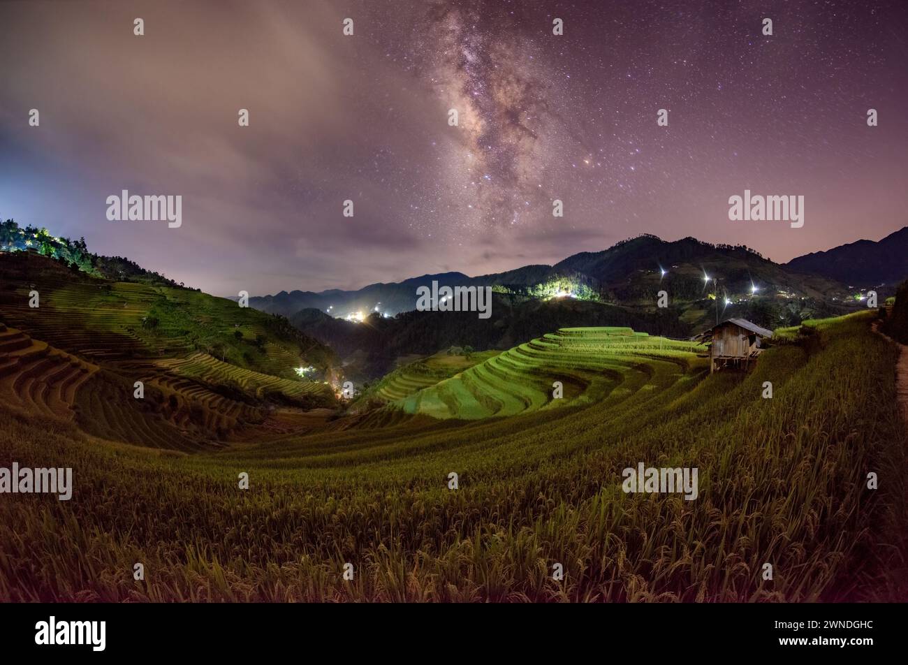 Night with Milky Way rice fields on terraced of Mu Cang Chai, Vietnam ...