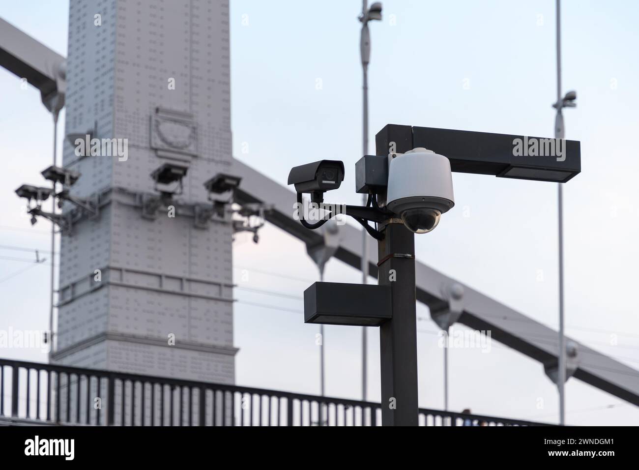 CCTV cameras against the background of the metal structures of the ...