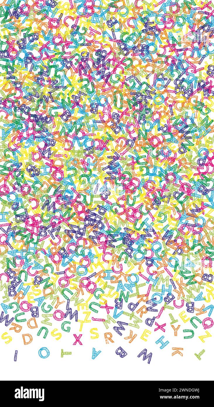 Falling letters of English language. Colorful sketch flying words of ...