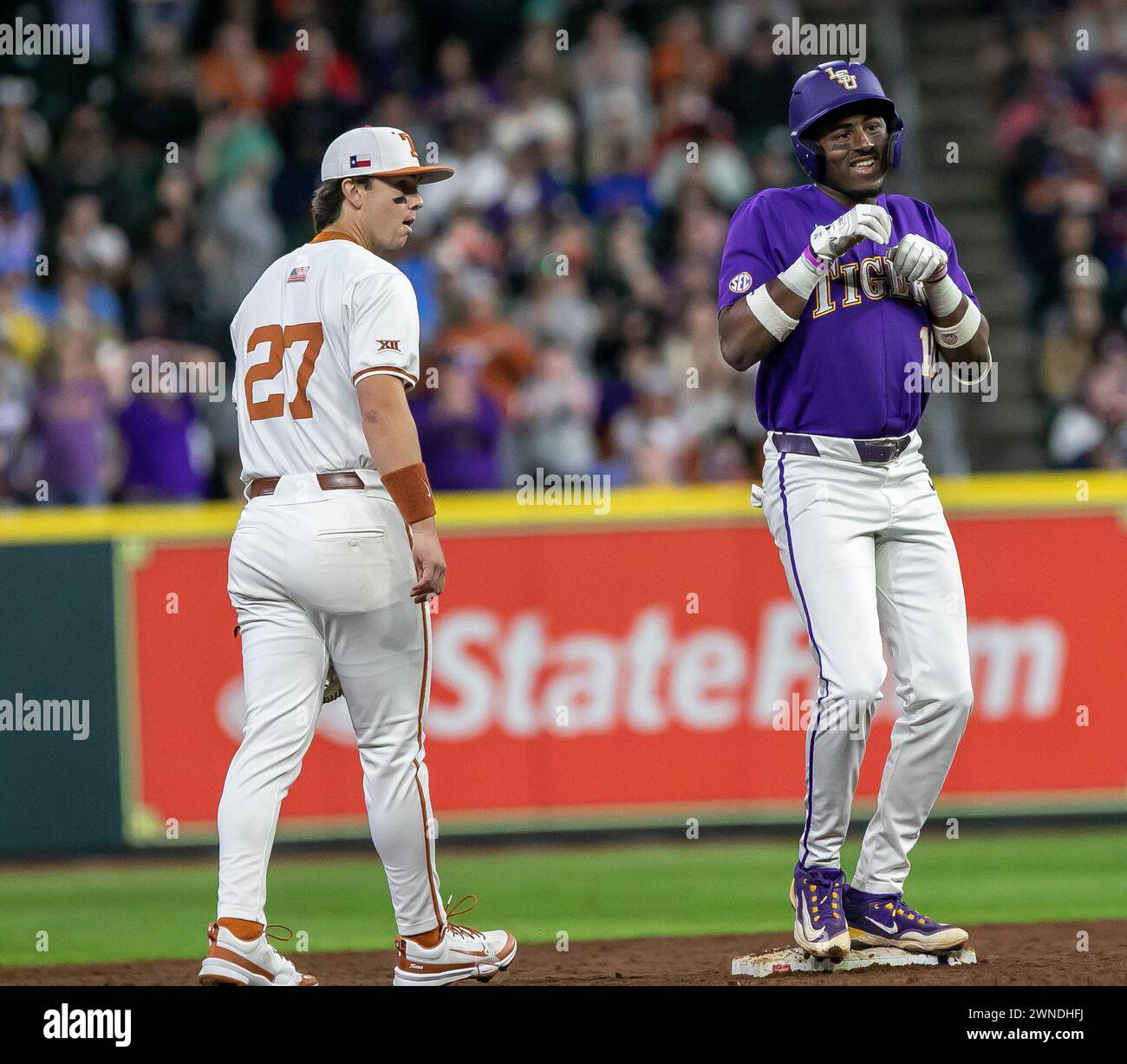 Houston, Texas, USA. 1st Mar, 2024. LSU shortstop MICHAEL BRASWELL III (10) dances with the ...