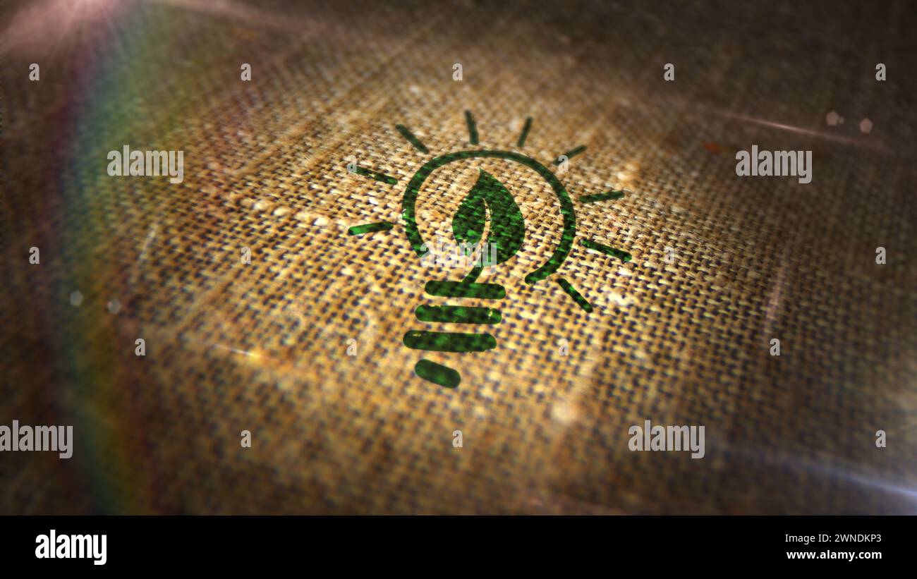 Eco friendly idea stamp printed on linen sack. Green energy and ...
