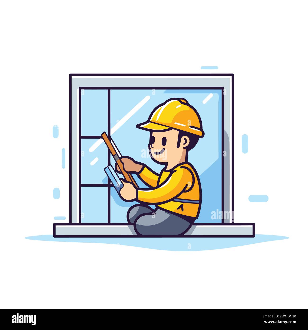 Worker installing window. Vector illustration in flat cartoon style ...