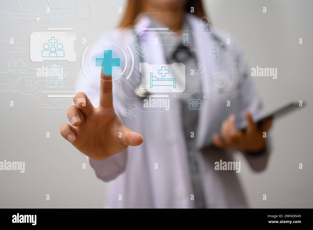 Doctor pressing blue medical plus sign. Future of healthcare and ...