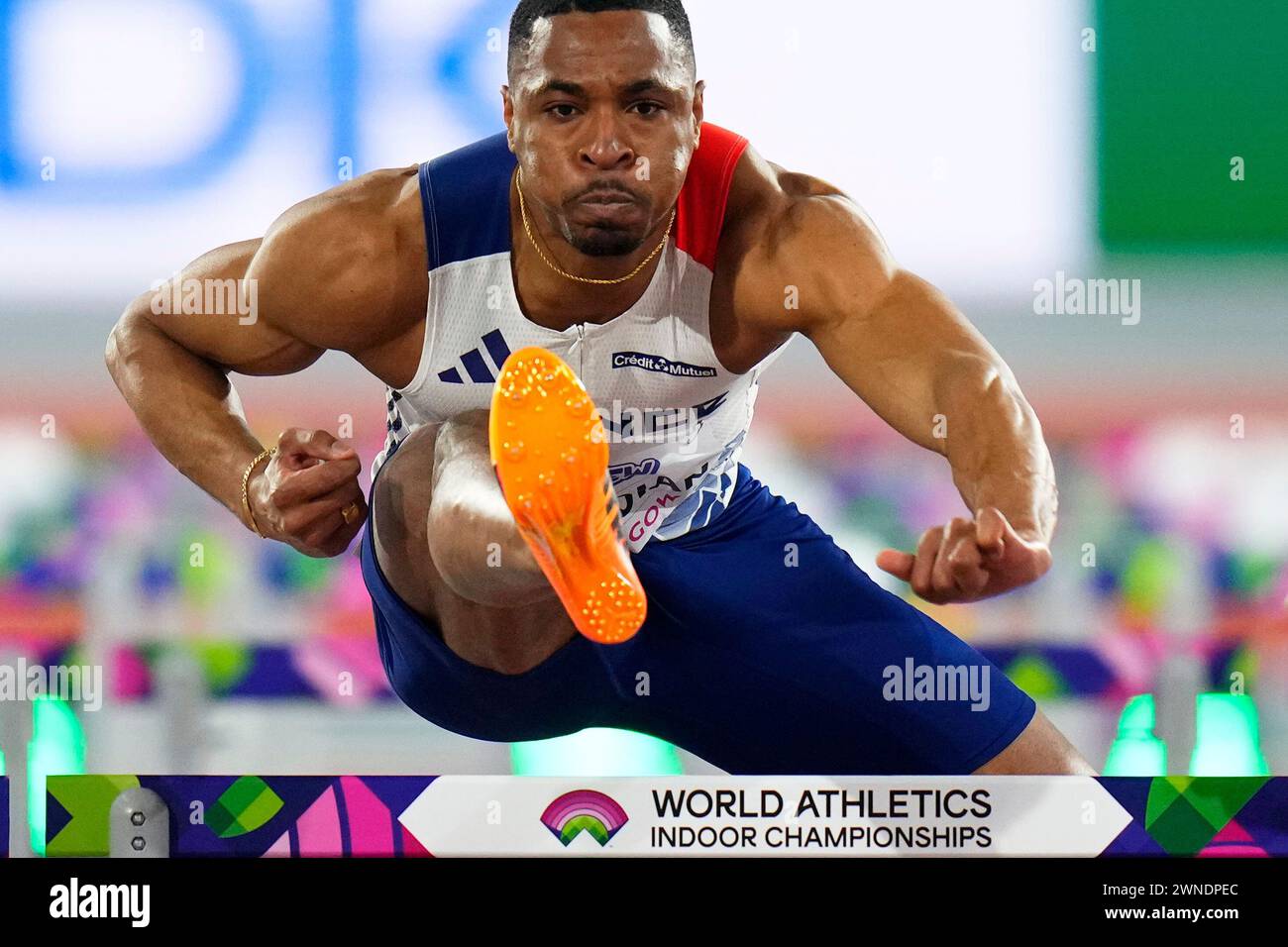 Wilhem Belocian, of France, competes in a men's 60 meters hurdles heat ...