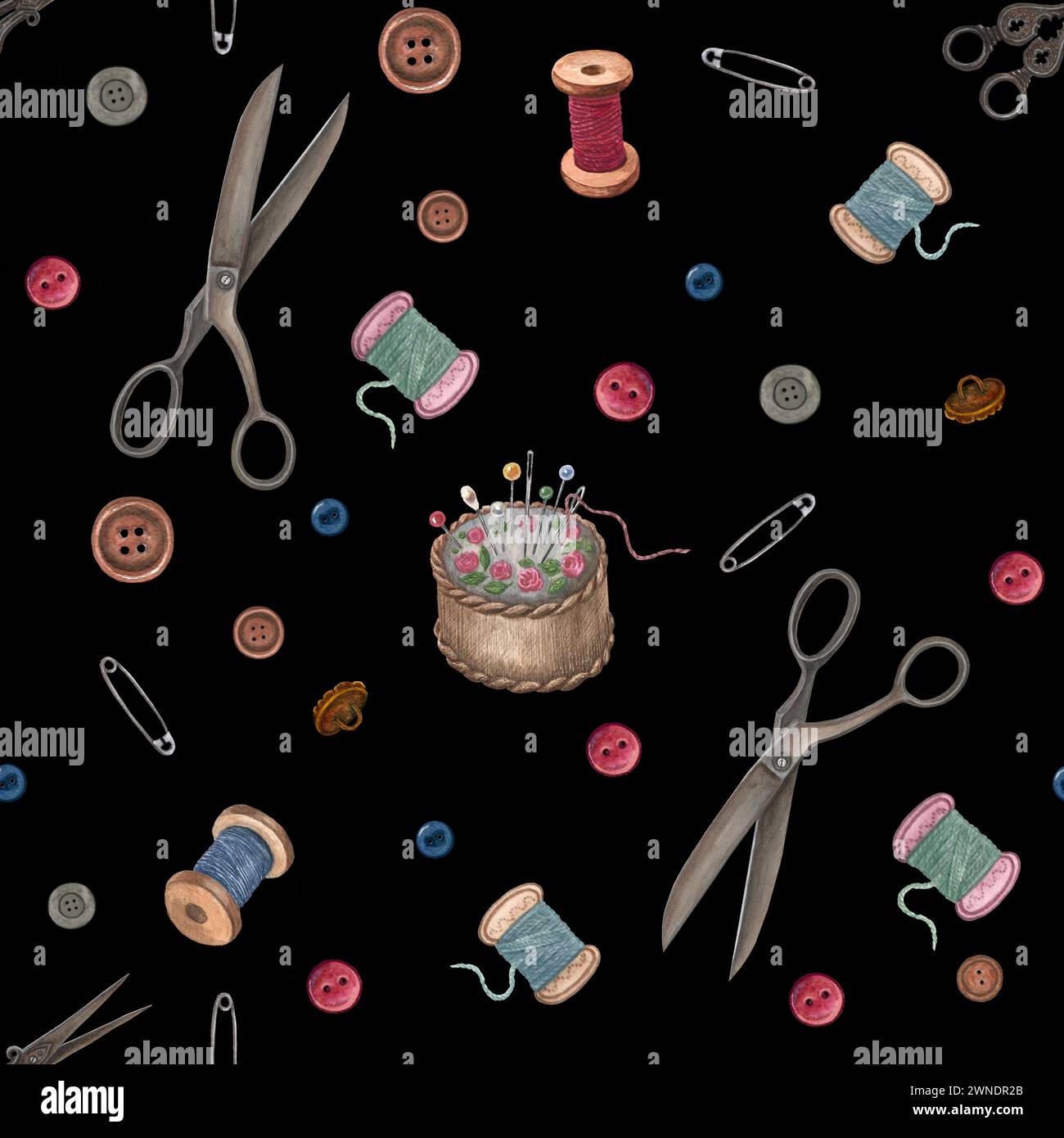 Vintage sewing tool watercolor seamless pattern. Watercolor needle ...