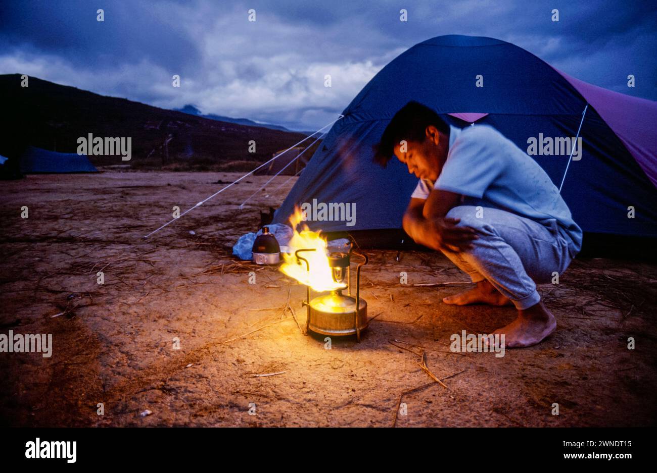 Indian Pemon lighting fire, Gran Sabana. Trekking to Roraima Tepuy ...