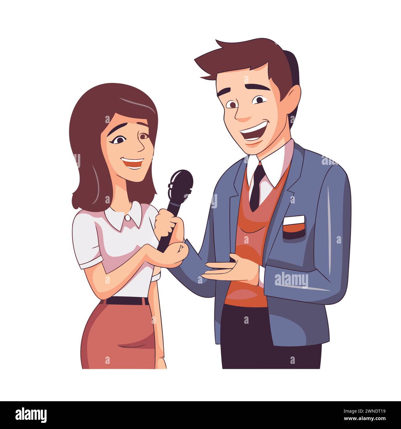 Journalist interviewing a woman with microphone. cartoon vector illustration isolated on white ...