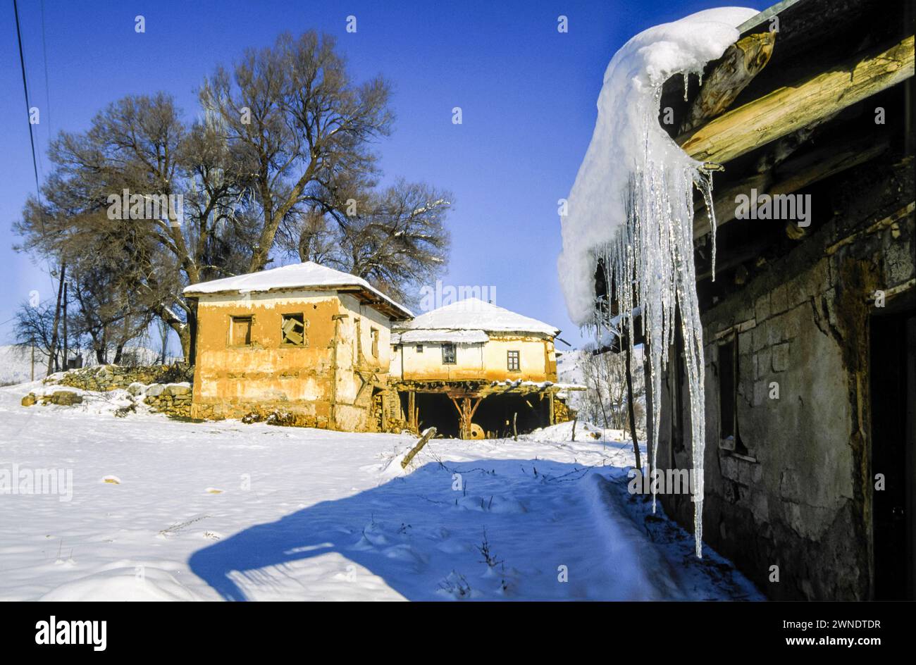 Ottoman rural farm covered in ice. Sivrihisar Daglari. Western Anatolia ...