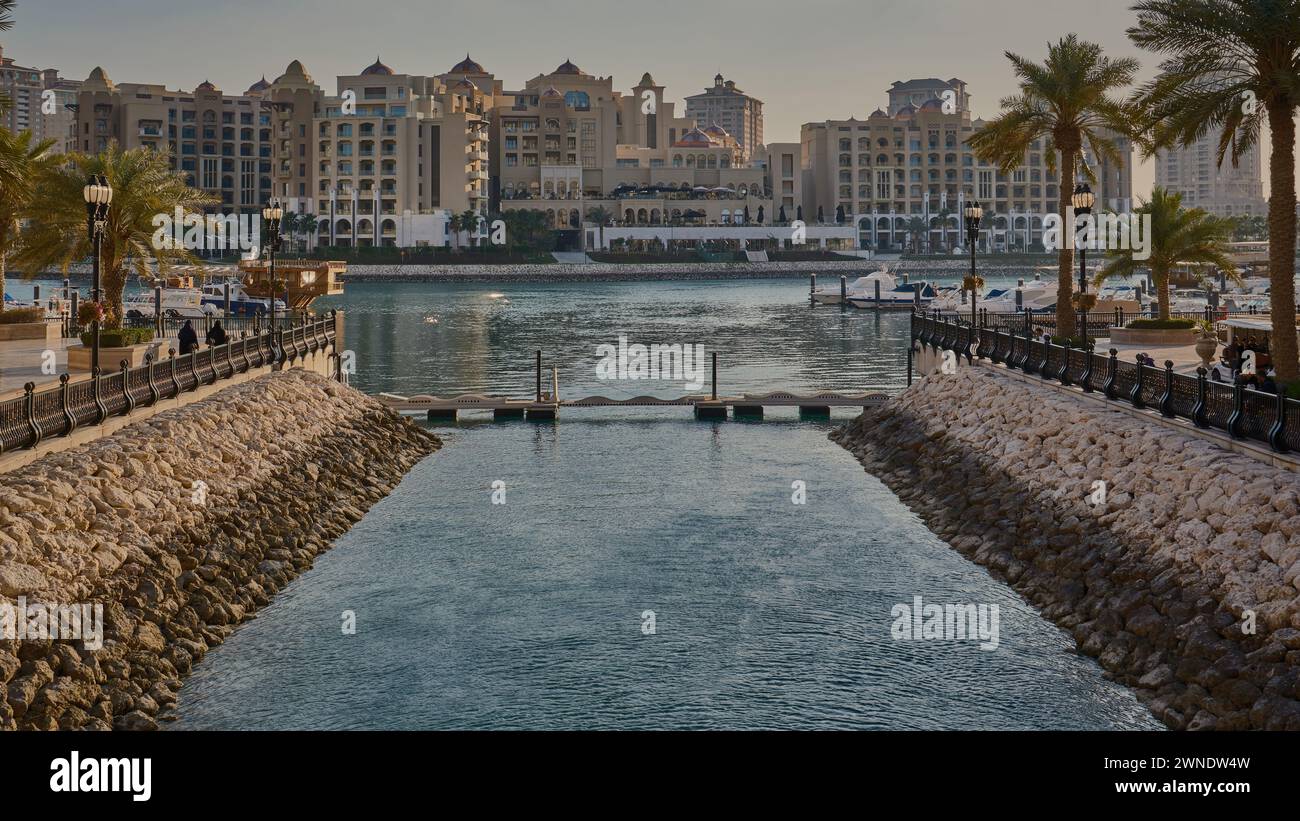 Porto Arabia Marina in The pearl Doha, Qatar sunset shot showing the ...
