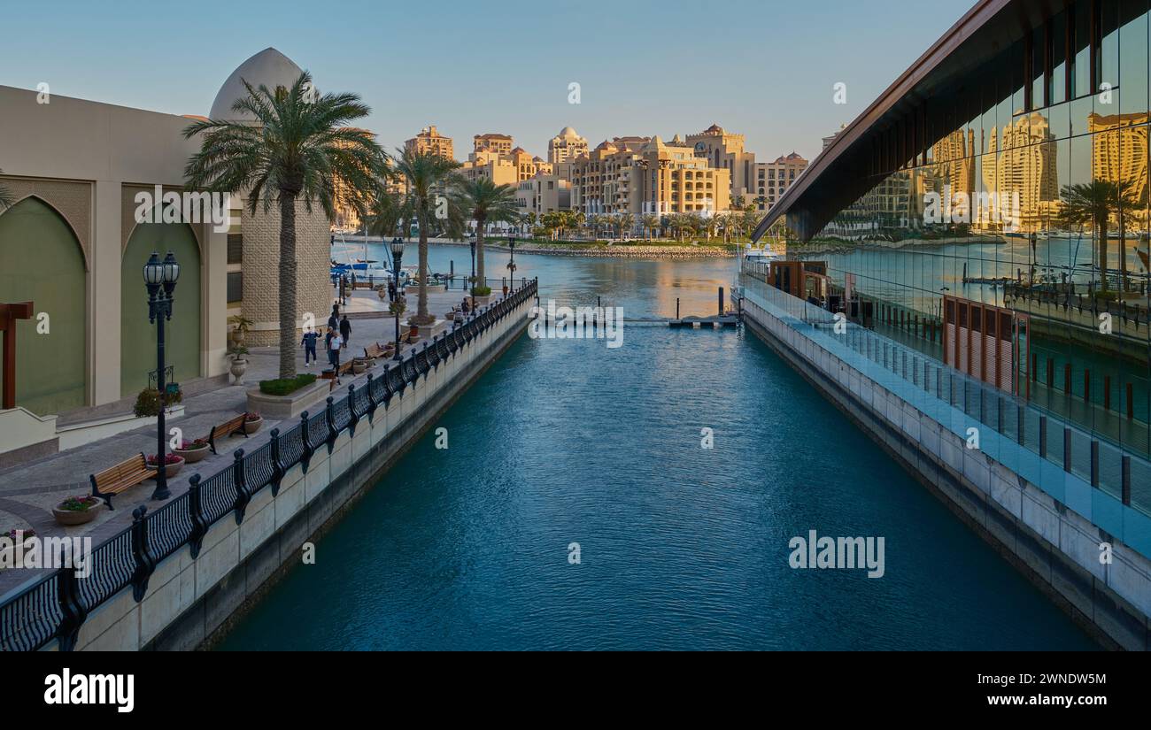 Porto Arabia Marina in The pearl Doha, Qatar sunset shot showing the ...