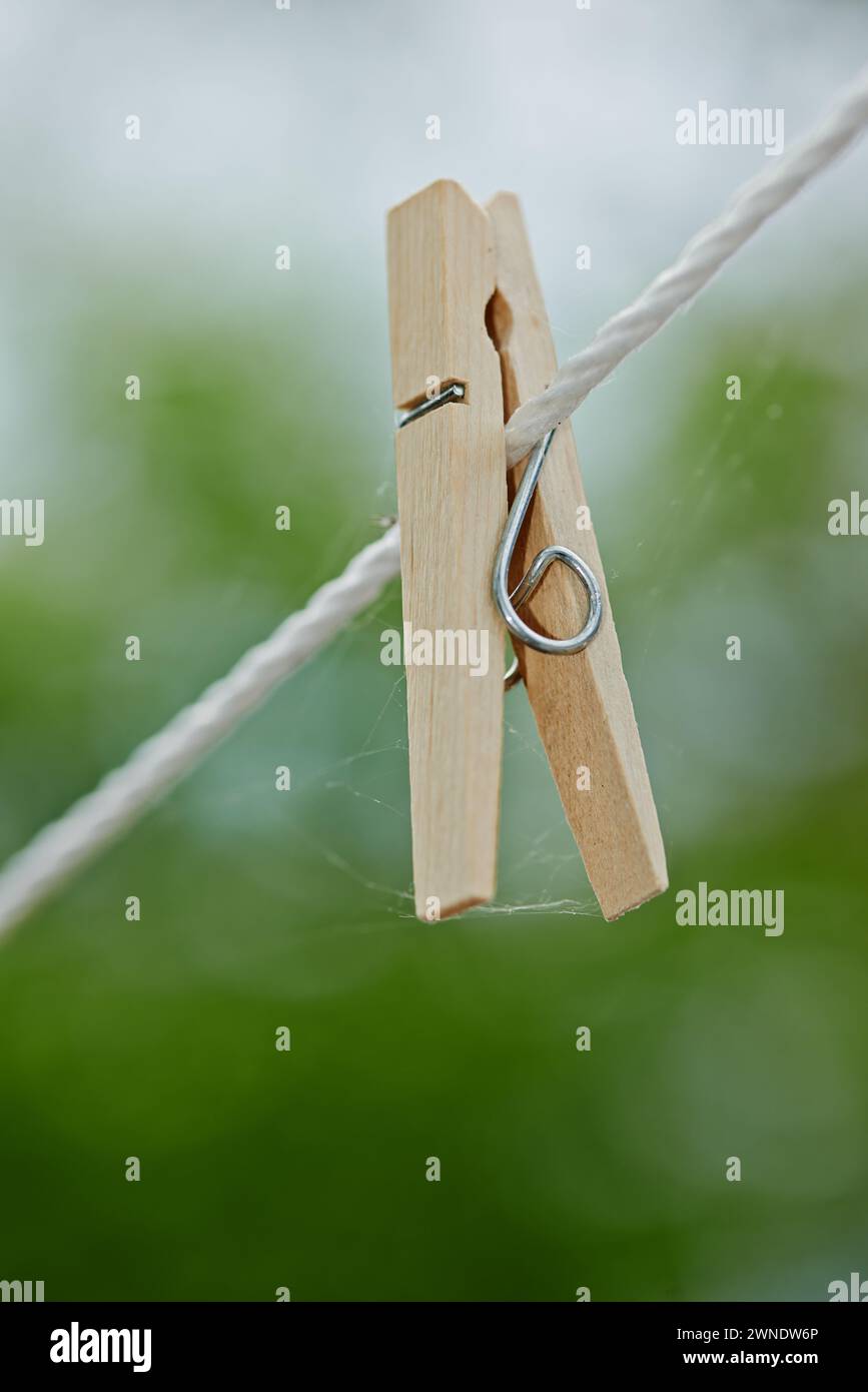 Peg, rope and outdoor for clothes from laundry, clean and dry in nature ...