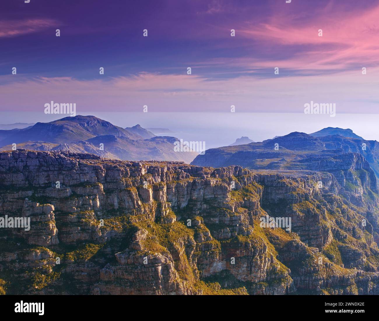 Mountain, clouds and sunset sky with color on horizon, natural ...