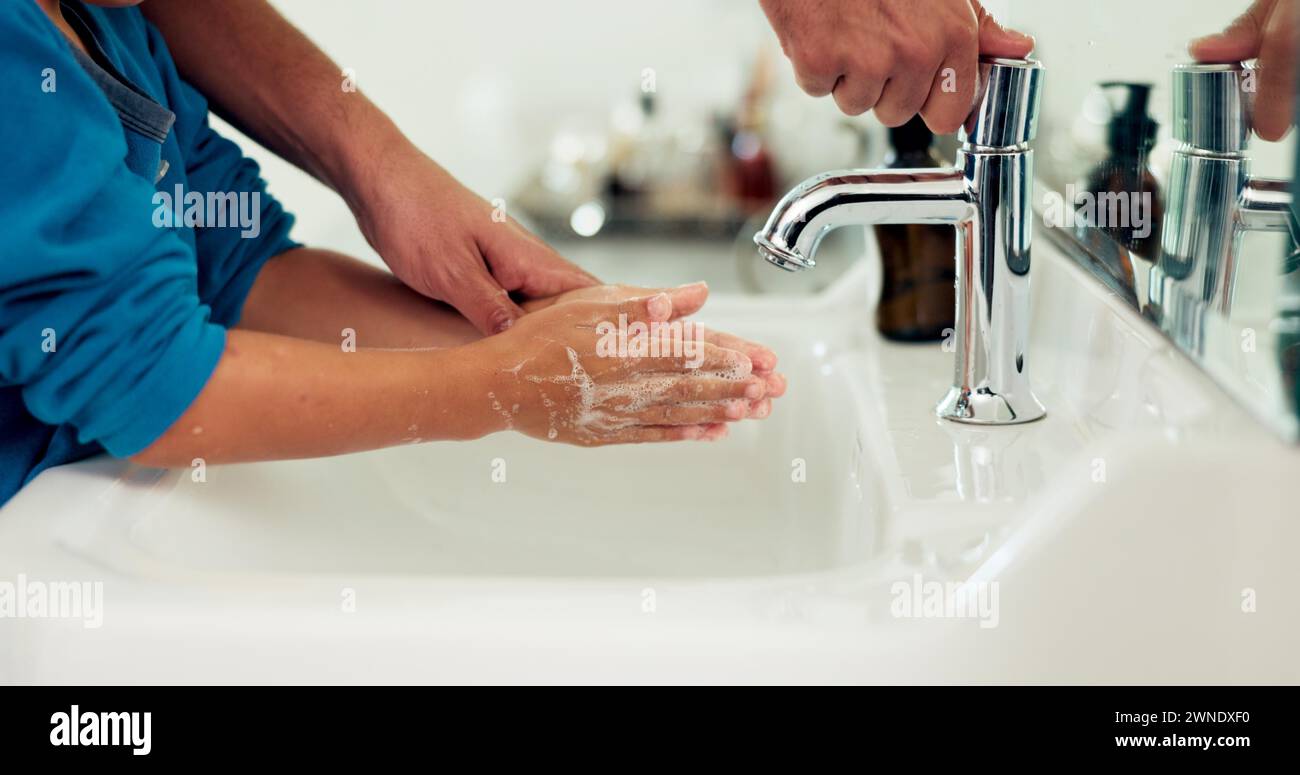 Hands, cleaning and parent helping kid for hygiene and health ...