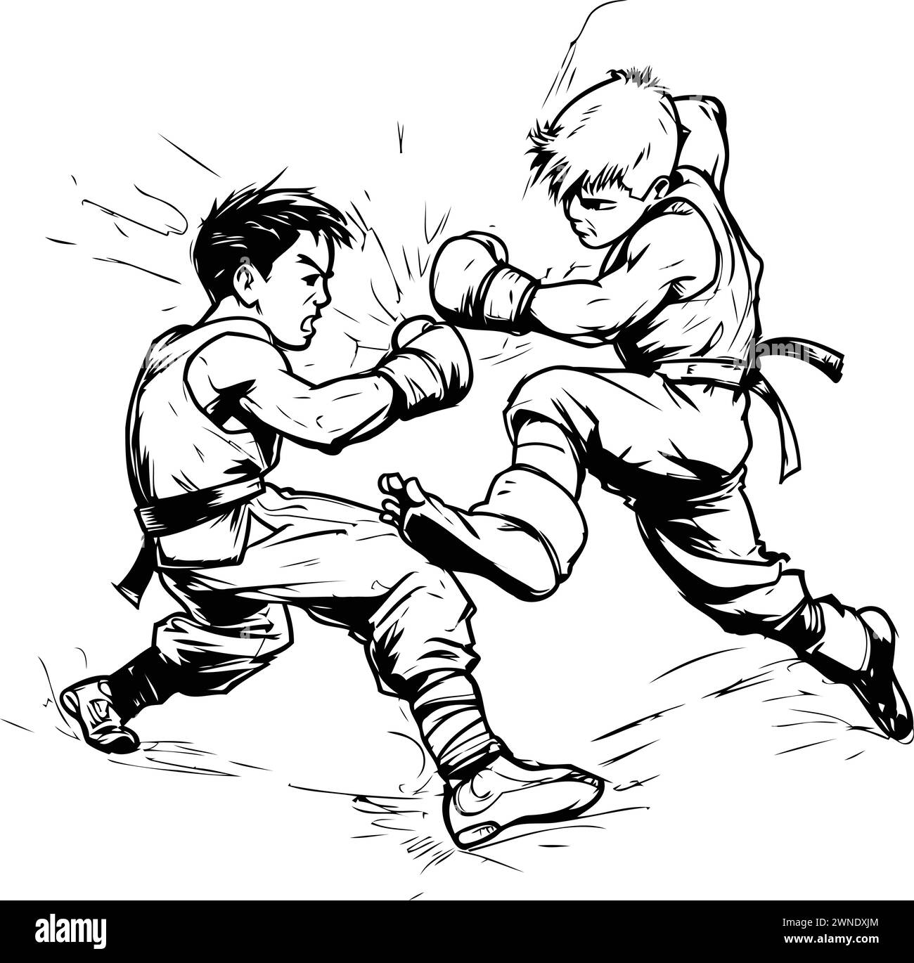 Two young boys boxing. sketch vector graphics monochrome illustration ...