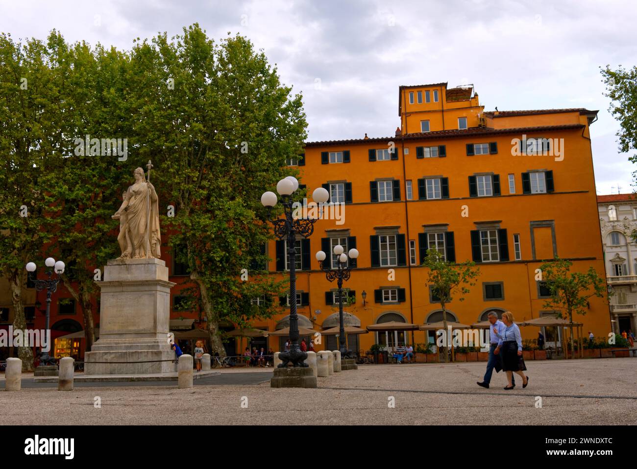 Lucca, Italy - 30 aug 2023: panoramic view of Piazza Napoleone with the ...