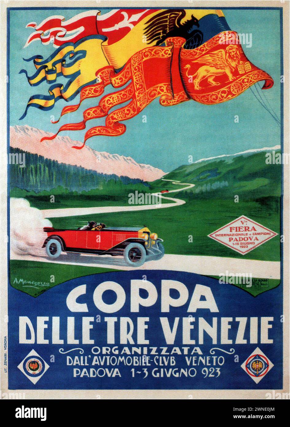 This vibrant poster advertises the "Coppa delle Tre Venezie" car race ...