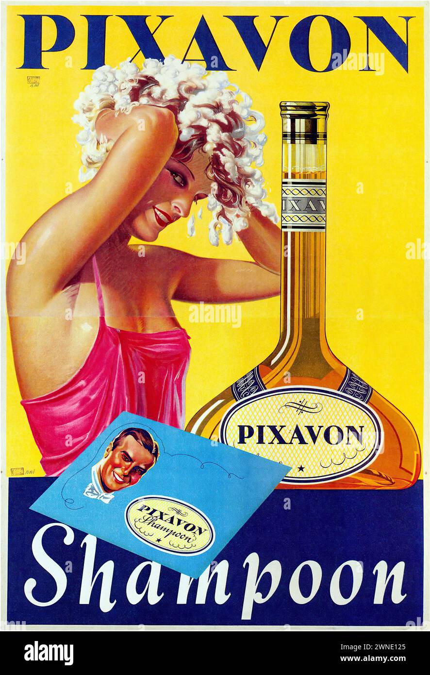 "PIXAVON Shampoo" An advertising poster depicting a smiling woman with ...