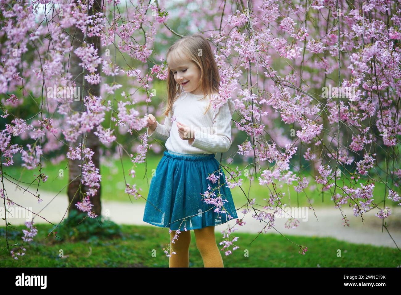 Adorable preschooler girl enjoying nice spring day in park during ...