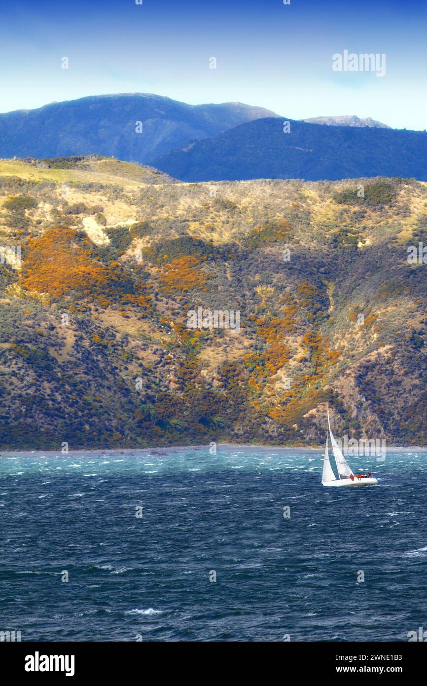 Boat, sailing and ocean with landscape for travel, nature and luxury ...