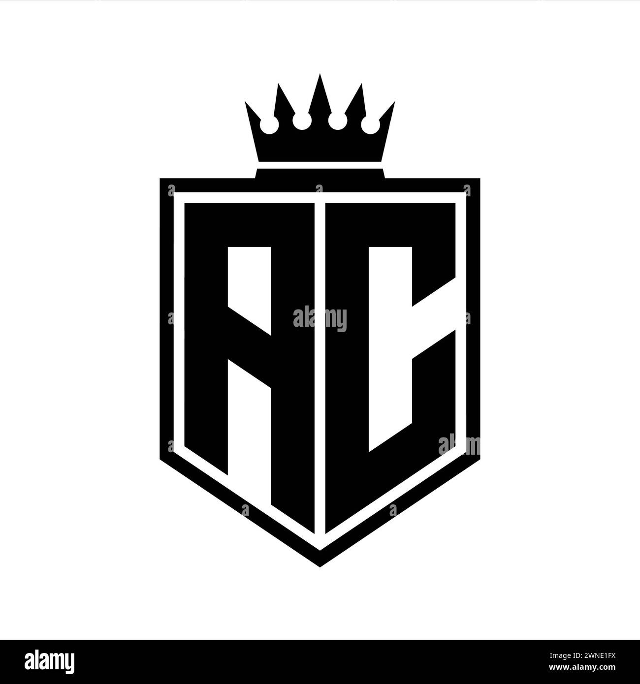 AC Letter Logo monogram bold shield geometric shape with crown outline black and white style ...