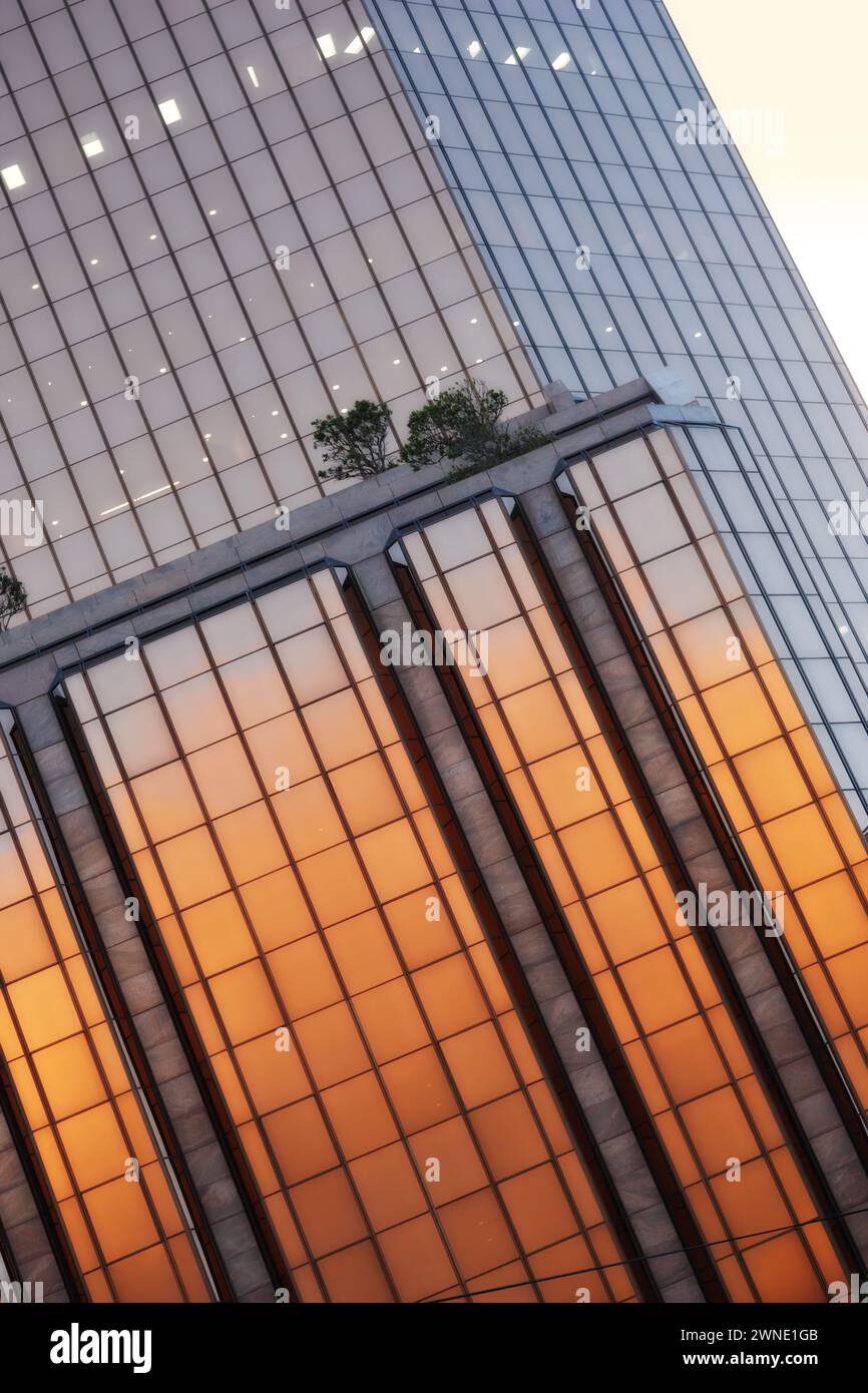 Architecture, glass windows and skyscraper building with sunrise ...