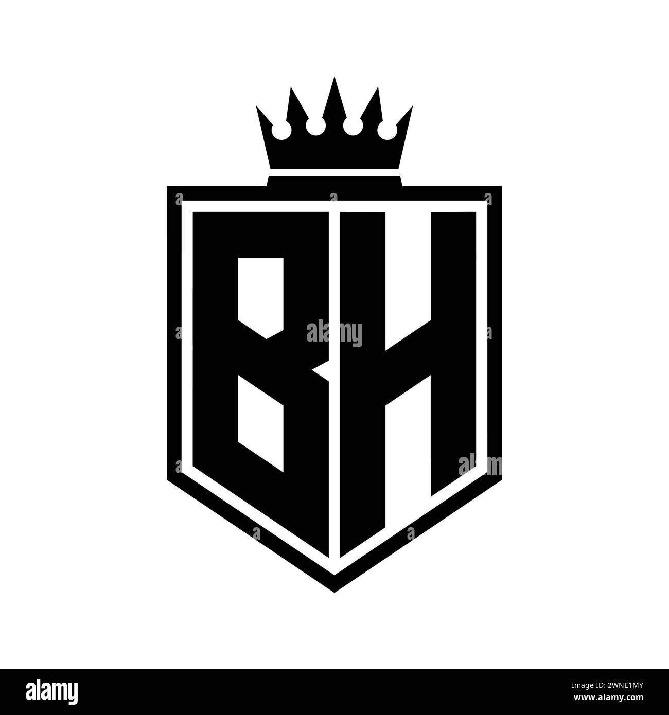 BH Letter Logo monogram bold shield geometric shape with crown outline ...
