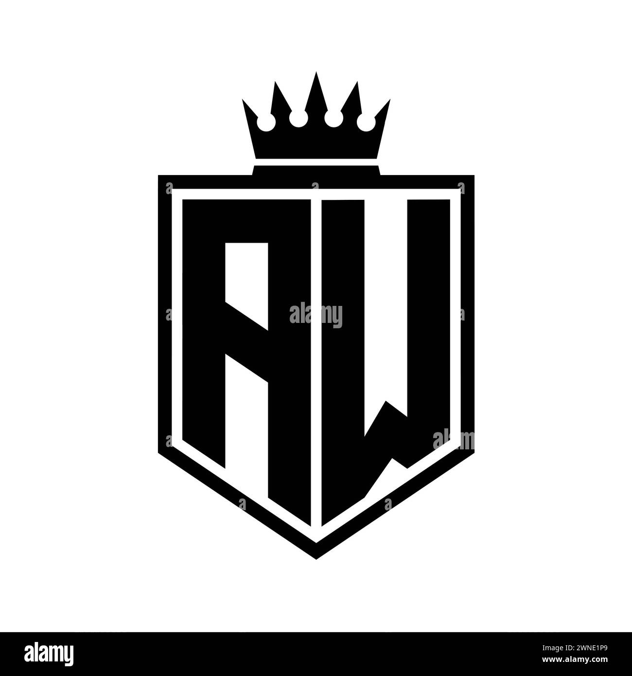 AW Letter Logo monogram bold shield geometric shape with crown outline ...