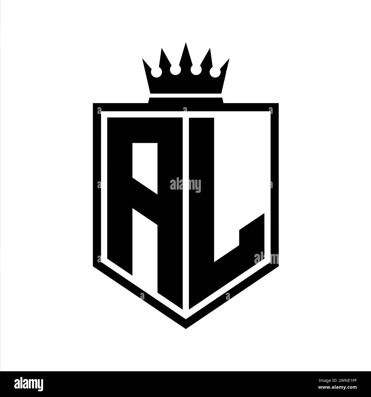 AL Letter Logo monogram bold shield geometric shape with crown outline black and white style ...