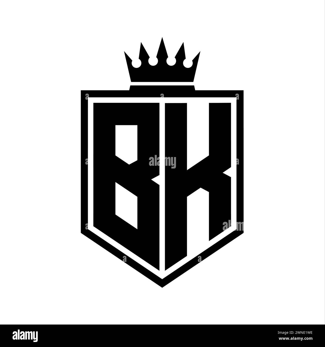 BK Letter Logo monogram bold shield geometric shape with crown outline black and white style ...