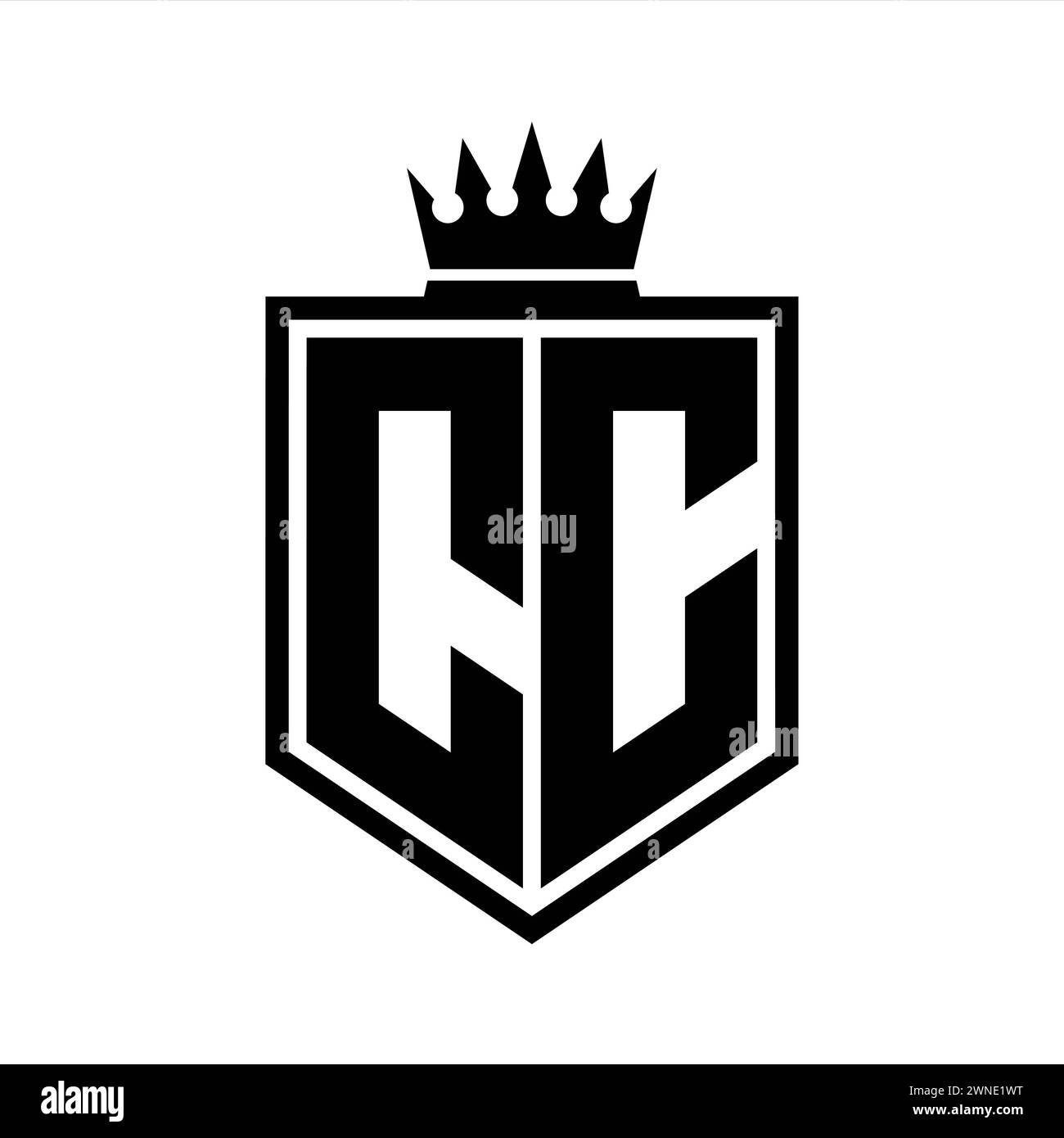 CC Letter Logo monogram bold shield geometric shape with crown outline black and white style ...