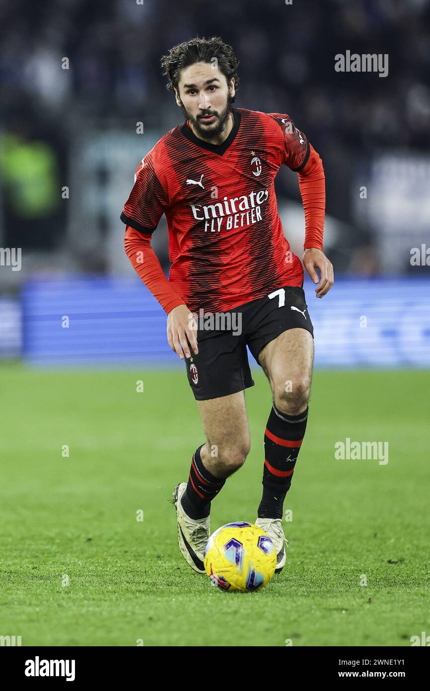 Rome, Italy. 01st Mar, 2024. Milan's French midfielder Yacine Adli ...