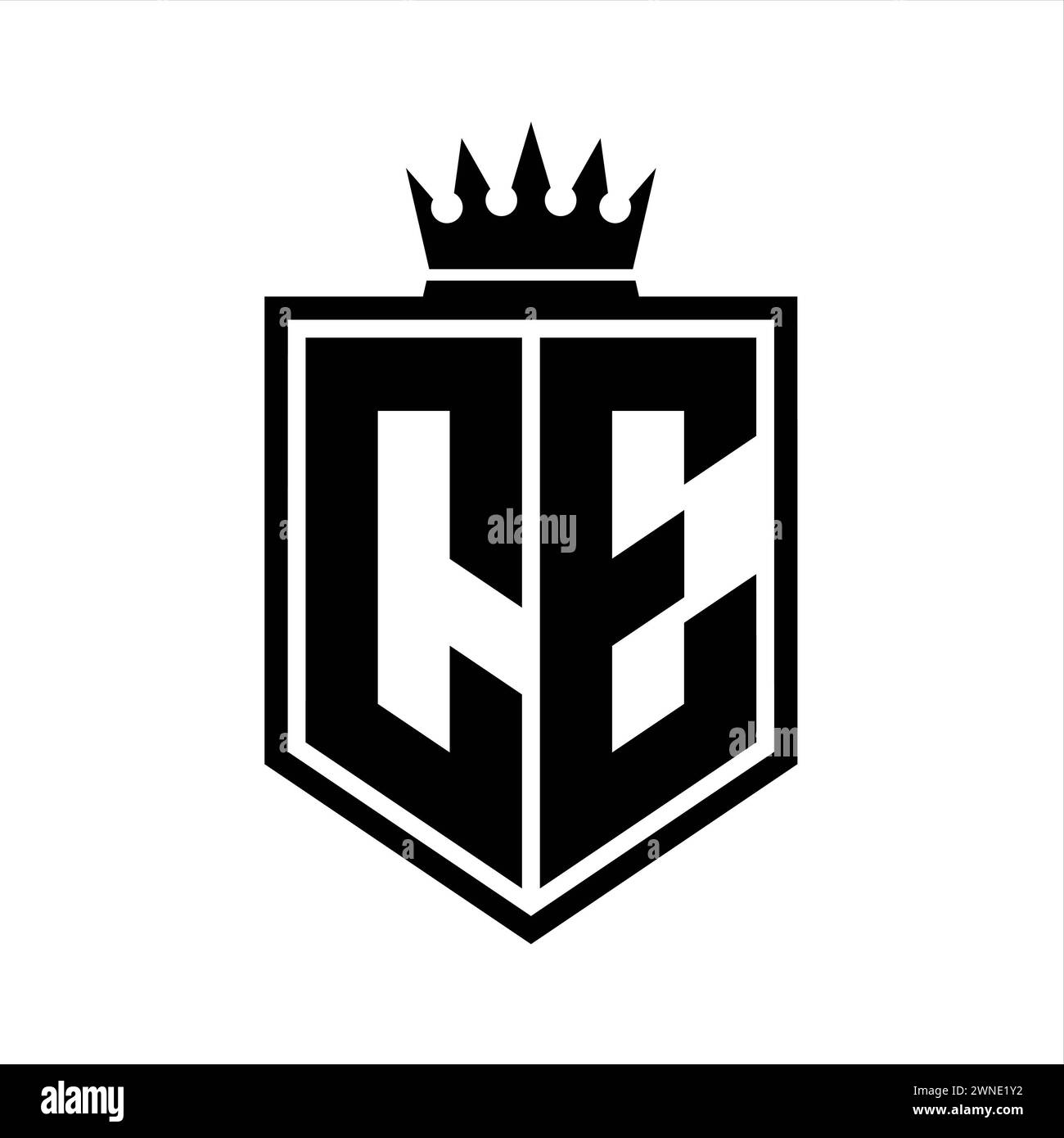 CE Letter Logo monogram bold shield geometric shape with crown outline black and white style ...
