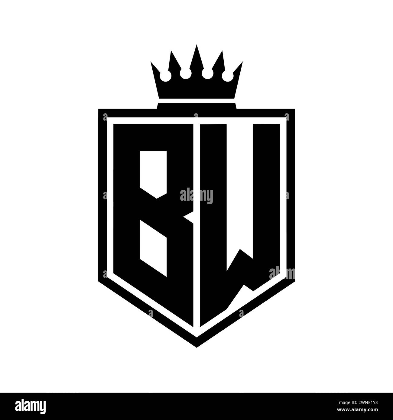 BW Letter Logo monogram bold shield geometric shape with crown outline ...
