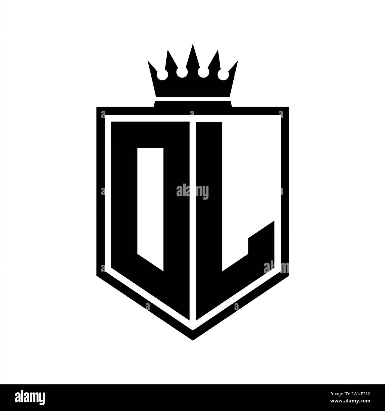 DL Letter Logo monogram bold shield geometric shape with crown outline black and white style ...