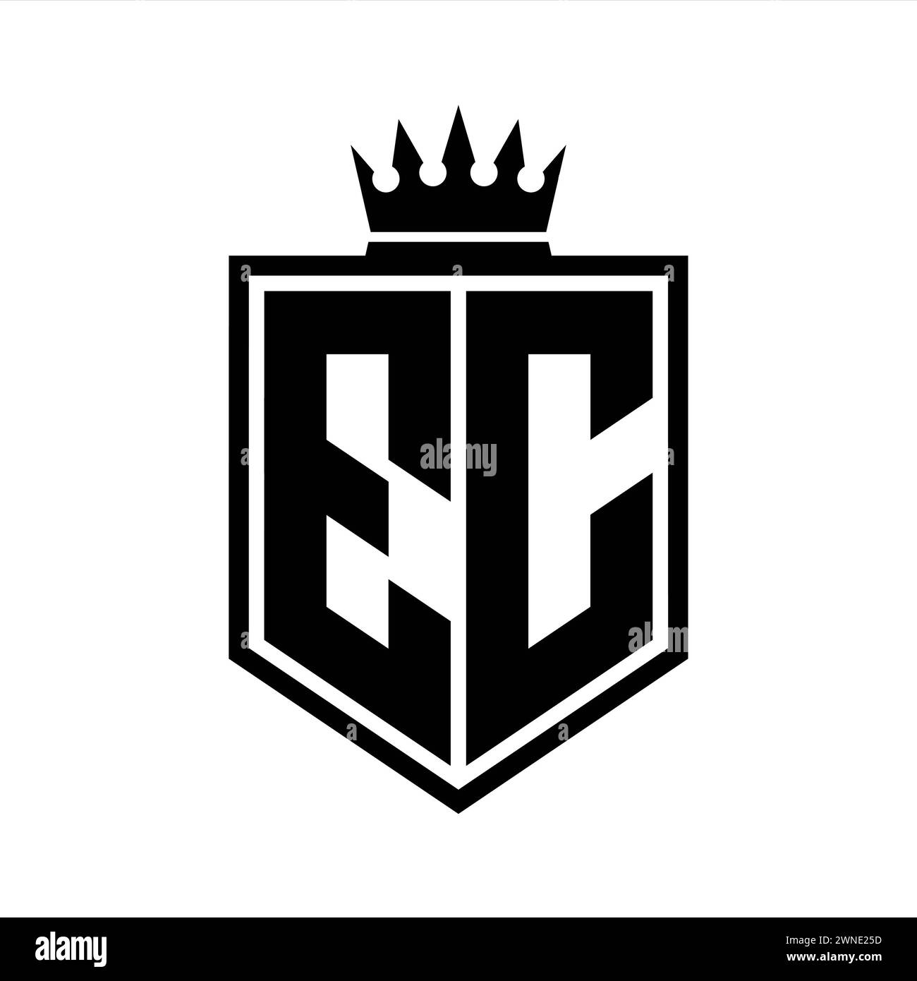 Ec Letter Logo Monogram Bold Shield Geometric Shape With Crown Outline Black And White Style