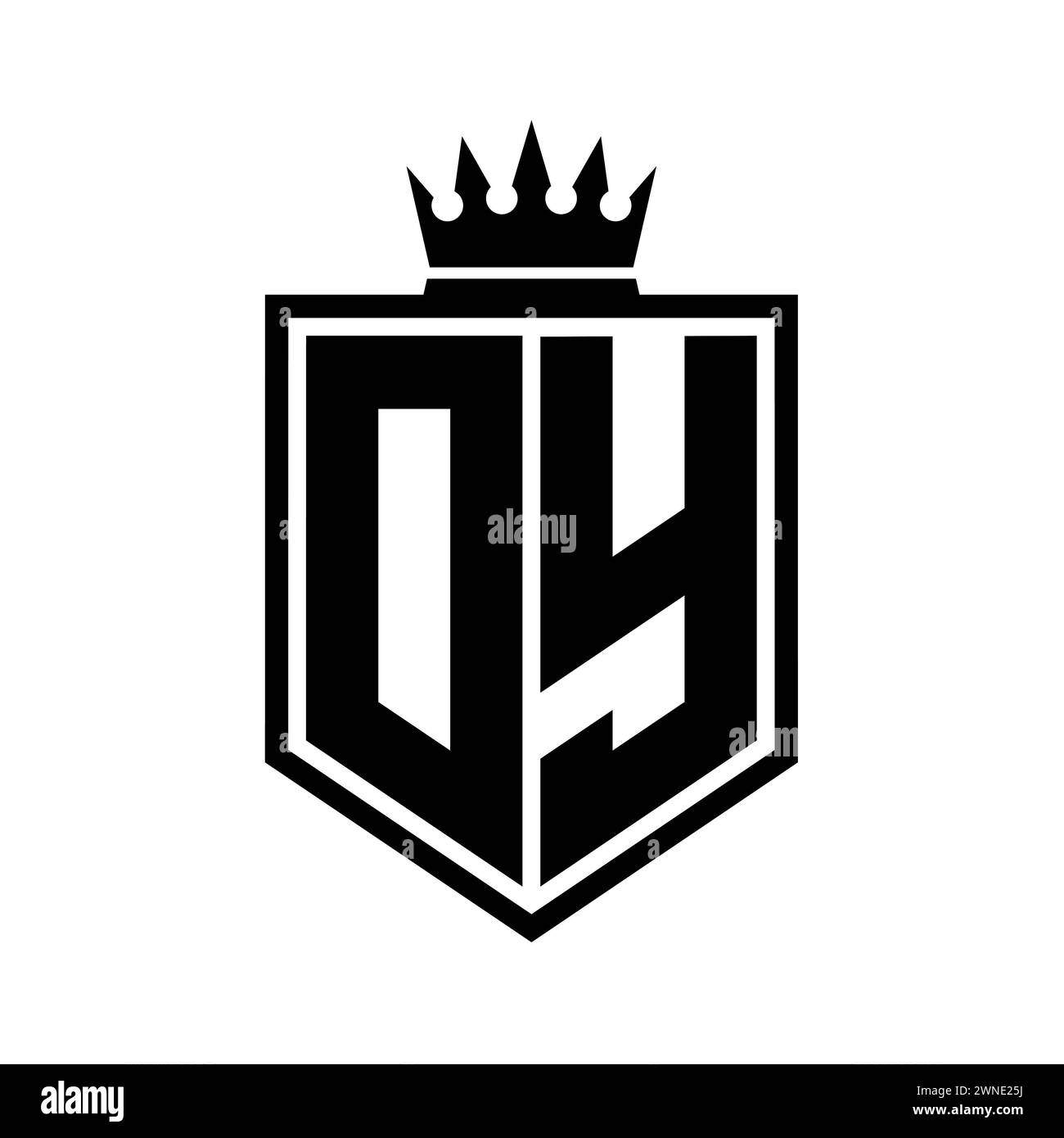 DY Letter Logo monogram bold shield geometric shape with crown outline black and white style ...