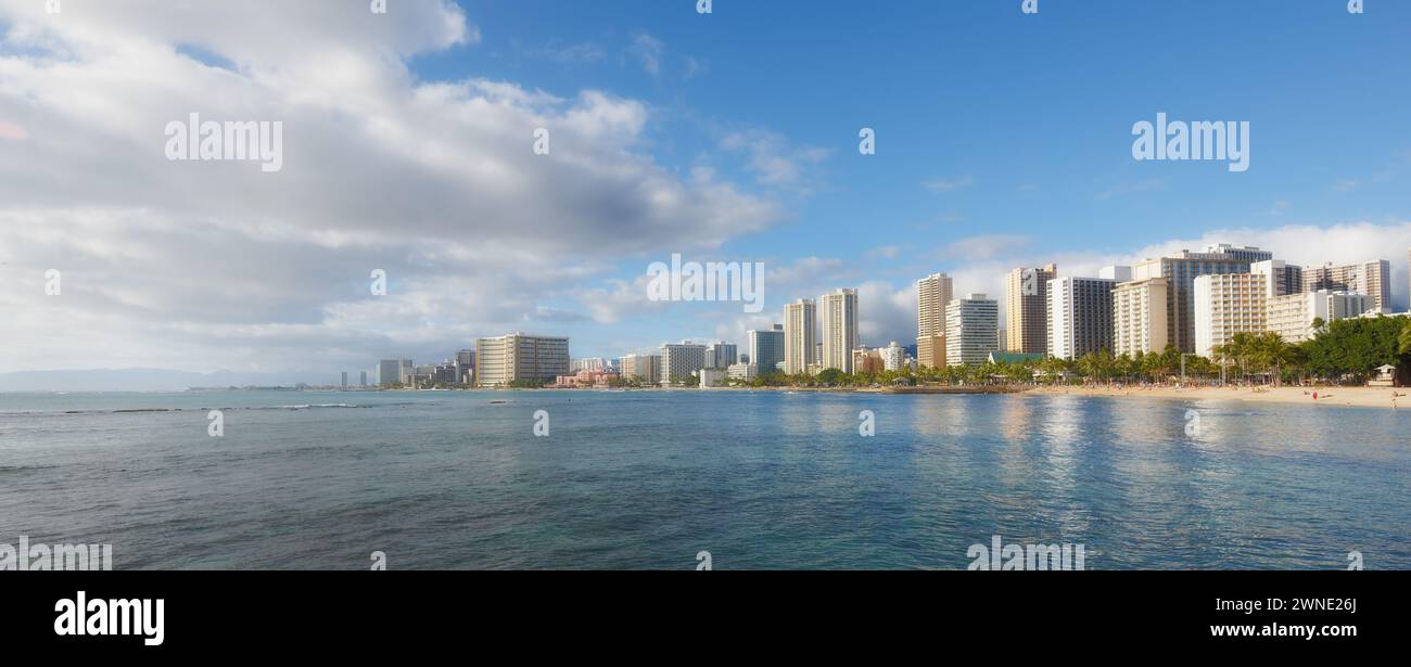 Ocean, city and buildings with landscape, travel and destination with ...