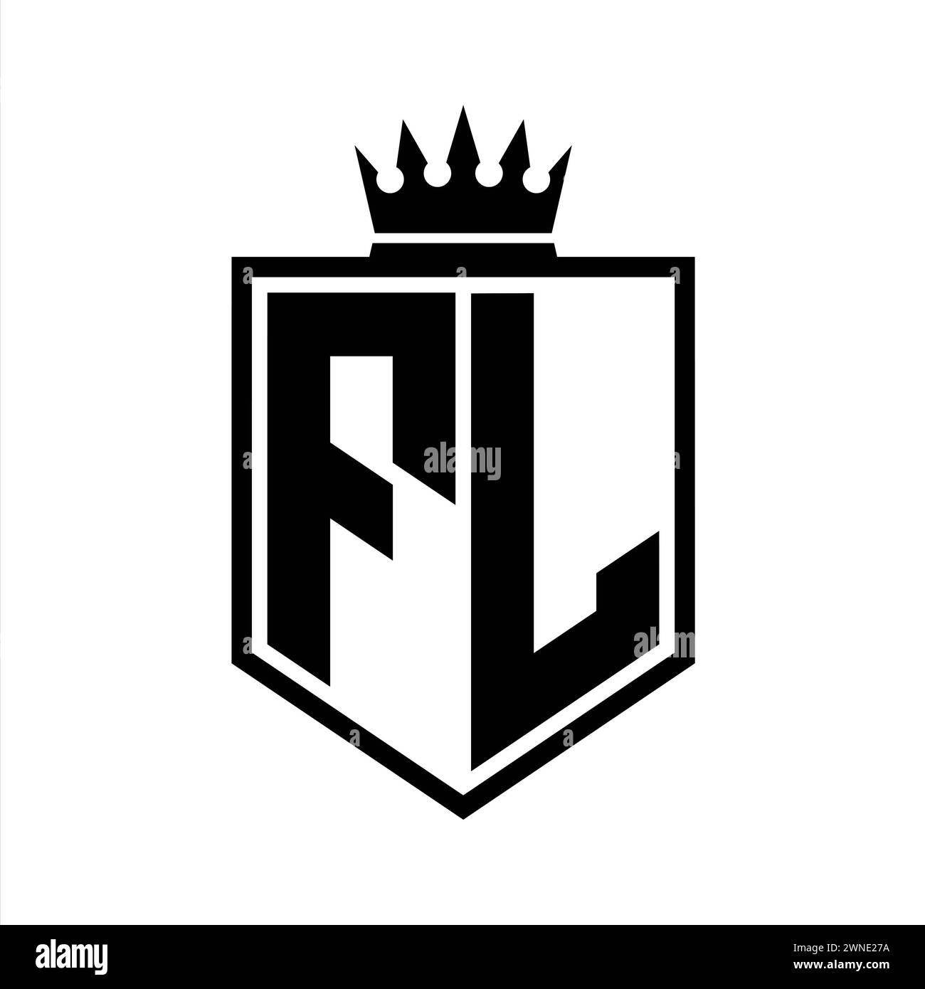FL Letter Logo monogram bold shield geometric shape with crown outline black and white style ...