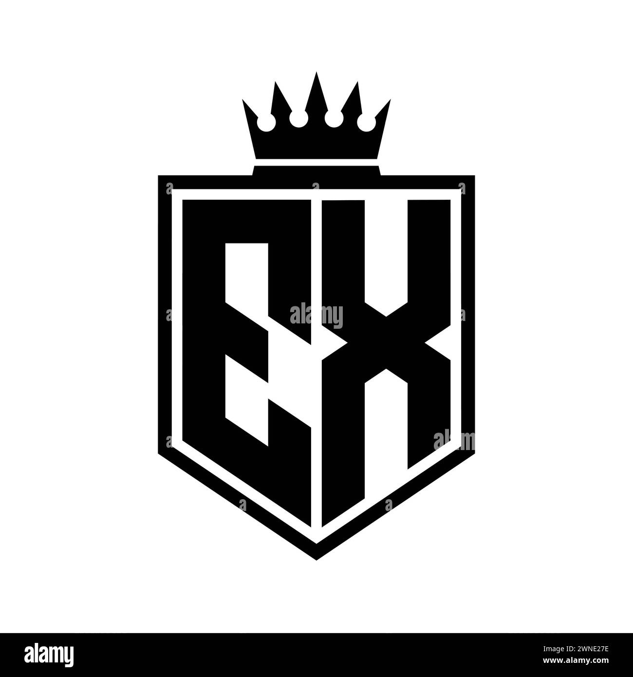 EX Letter Logo monogram bold shield geometric shape with crown outline black and white style ...