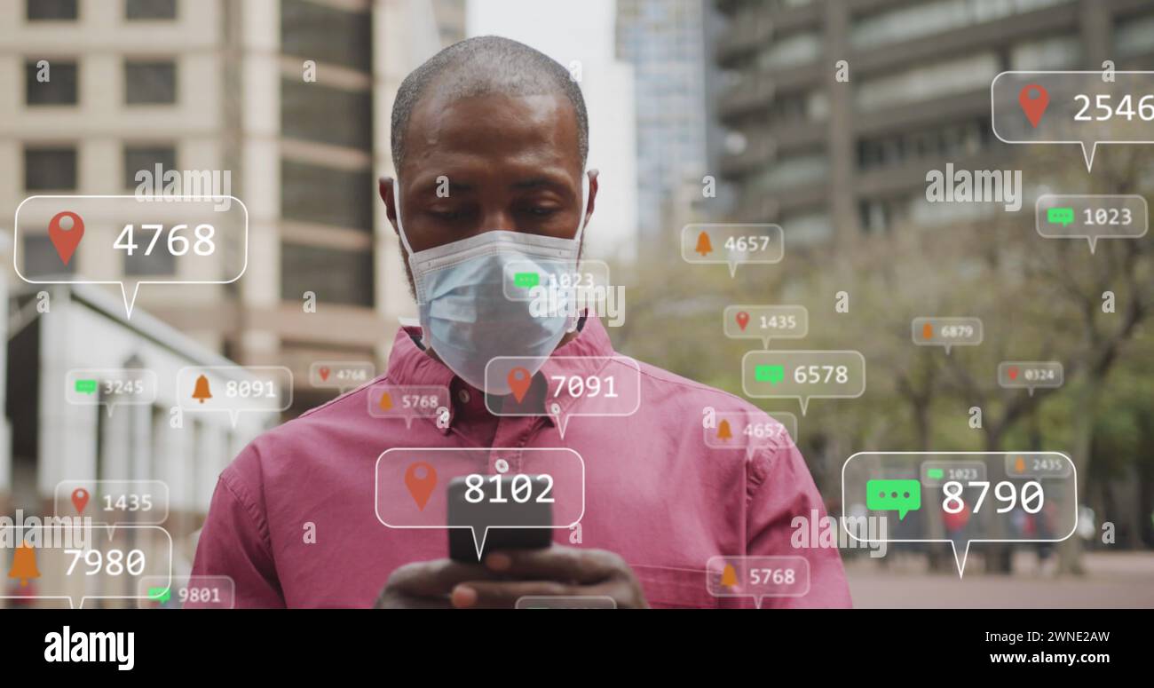 Image of social media icons and numbers on banners over man in face ...